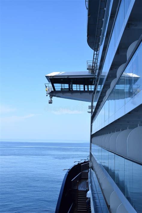 View To the Navigation Bridge of a Cruise Ship on the Port Side with Calm Sea and Blue Sky in ...