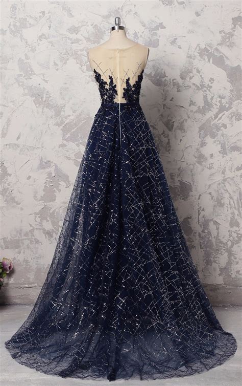 Navy Blue Sequins Tulle Long Halter Formal Prom Dress With Appliques