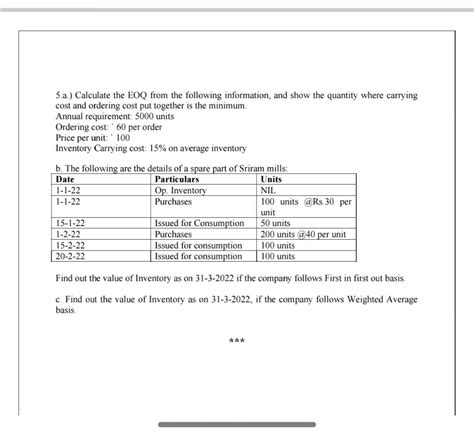 5 a calculate the eoq from the following information and show the quan