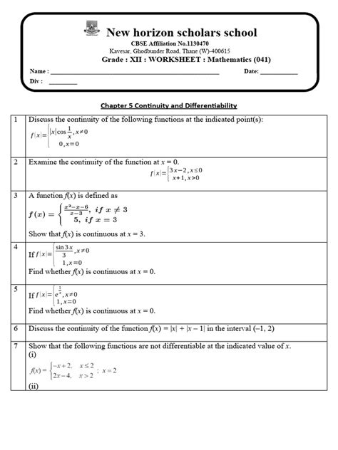 Ch 5 Continuity And Differentiability Worksheet Pdf Continuous