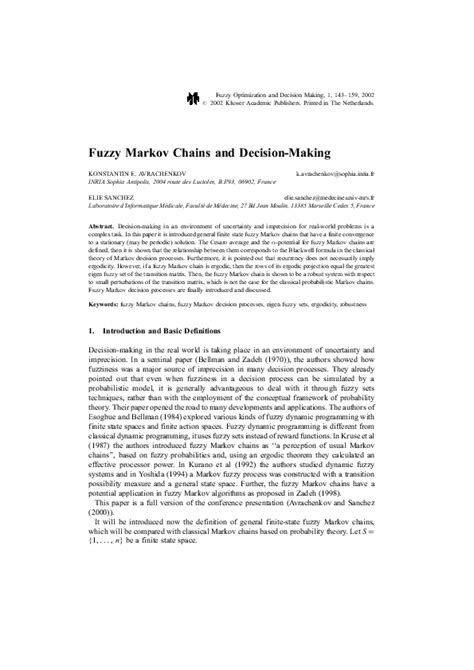 Pdf Fuzzy Markov Chains And Decision Making