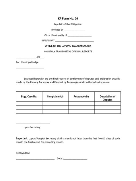 Kp Form Transmittal No 26 Pdf