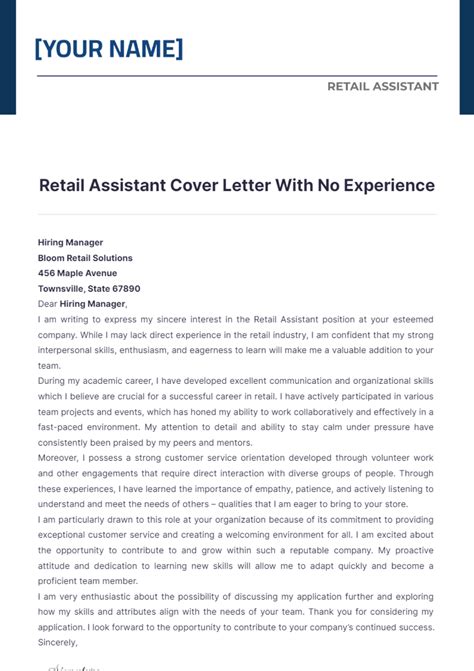 Free Retail Assistant Cover Letter With No Experience Template To Edit