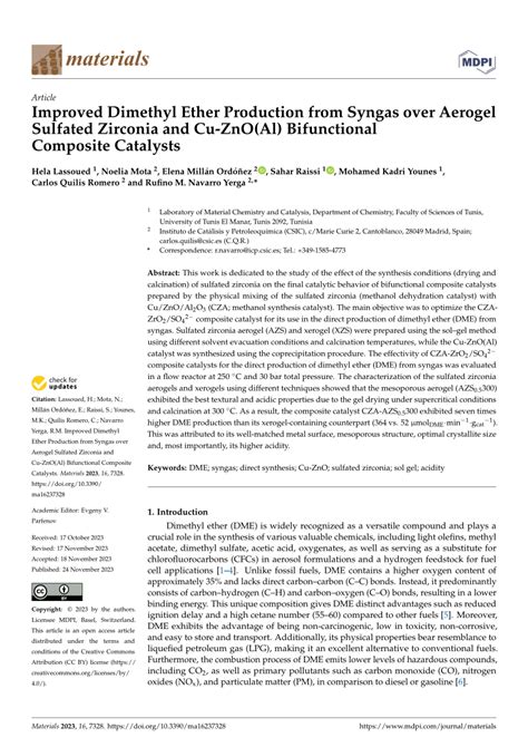 Pdf Improved Dimethyl Ether Production From Syngas Over Aerogel Sulfated Zirconia And Cu Zno