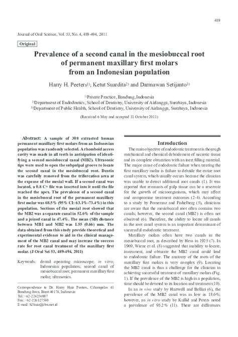Pdf Prevalence Of A Second Canal In The Mesiobuccal Root Of Permanent Maxillary First Molars