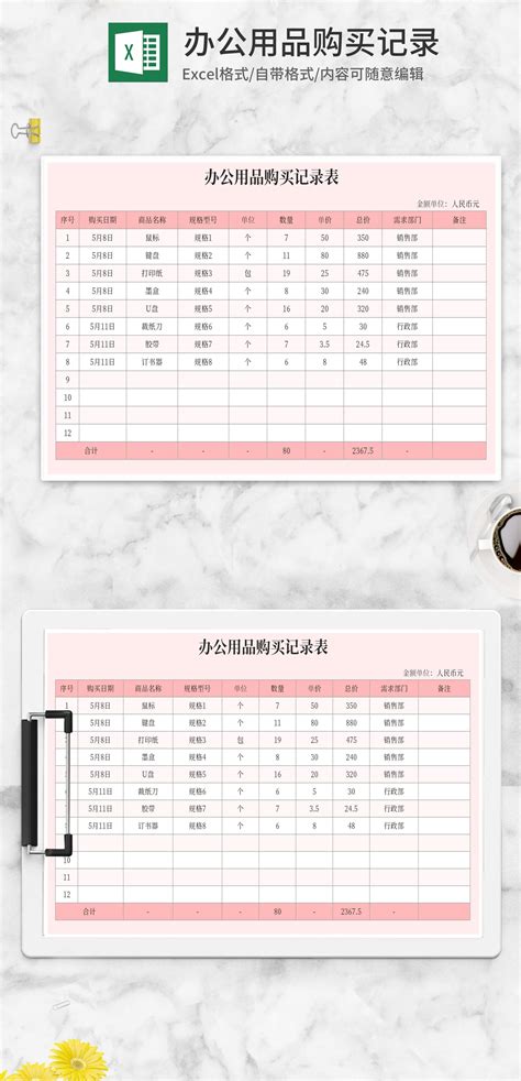 粉色办公用品购买记录表excel模板 完美办公
