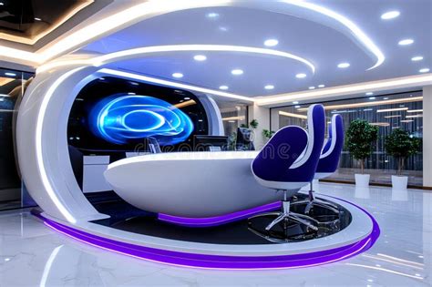 Futuristic Office Interior With Modern Furniture Neon Lights And