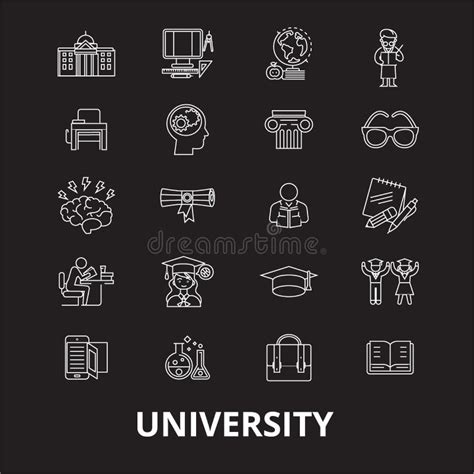 University Editable Line Icons Vector Set On Black Background University White Outline