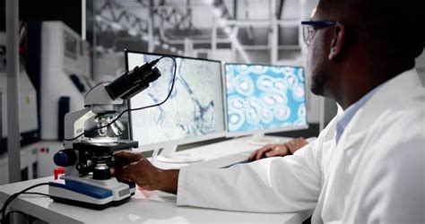 research lab scientist using computer stock image image of room