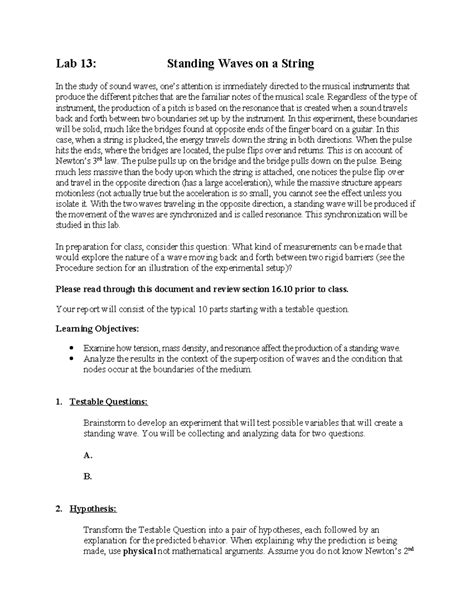 PHY L Lab Standing Waves On A String Lab Standing Waves On A String In The Study Of