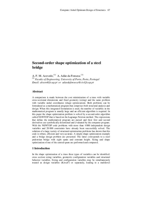 Pdf Second Order Shape Optimization Of A Steel Bridge