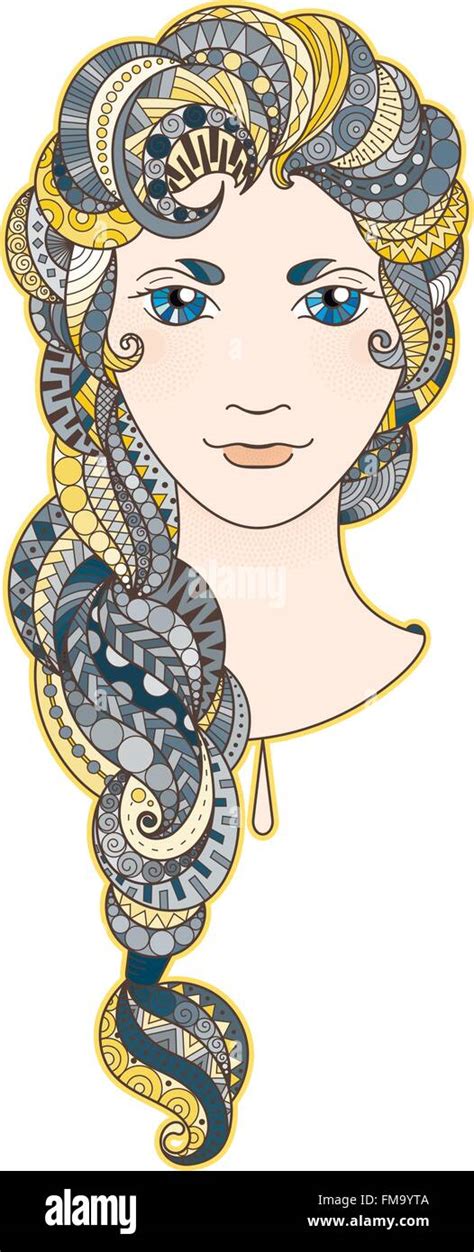 Beautiful Girl With Intricately Patterned Zentangle Braid And Bright