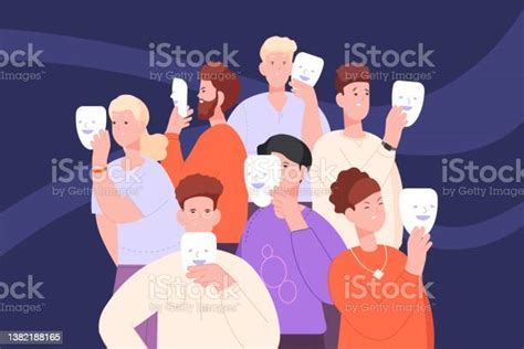 그룹의 마스크를 숨기는 가짜 성격 부정자 사람 거짓말쟁이 얼굴 우울한 남자와 여자 슬픈 이모티콘 개념 익명 뒤에 만화 사람들
