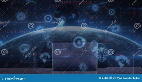 Image Of Cyber Attack Warning And Scopes Scanning Over Hacker Using Laptop Stock Image Image