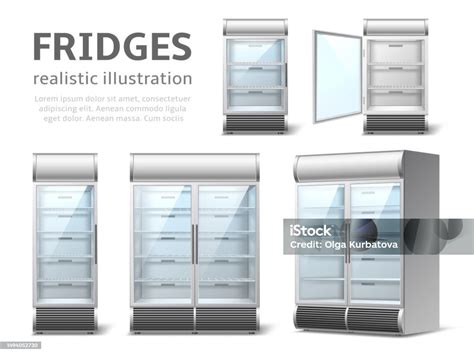 현실적인 냉장고 음료 금속 격자 선반 및 유리 스윙 도어 개폐 3d 격리 요소 완전한 벡터 세트를 위한 산업용 및 매장 빈 냉장고 냉동실에 대한 스톡 벡터 아트 및 기타