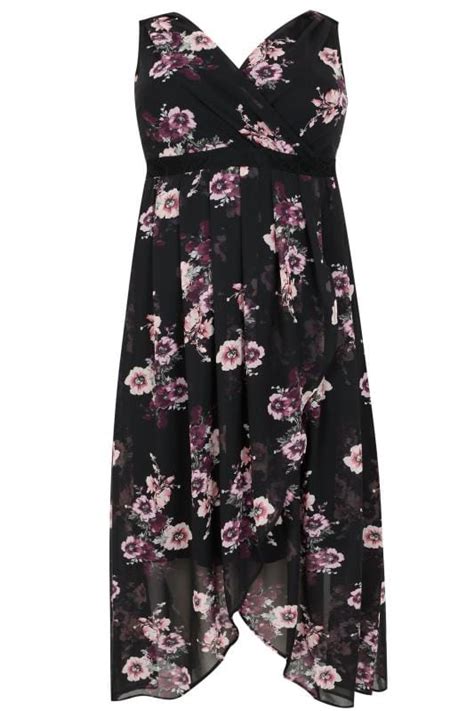 Black And Multi Floral Print Chiffon Maxi Dress With Wrap Front And Lace