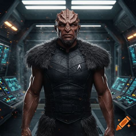 Photorealistic Klingon Warrior In A Black Leather And Fur Vest Stands
