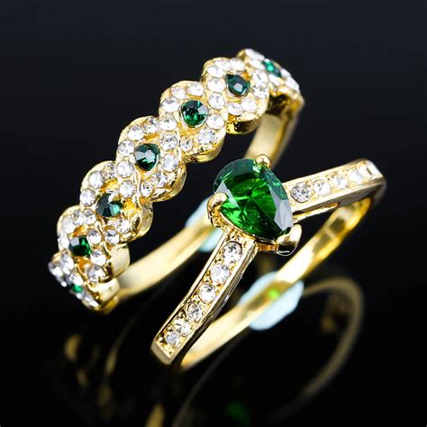 여성을 위한 패션 녹색 돌 반지 절묘한 큐빅 지르코니아 골드 컬러 스태킹 세트 남성 파티 선물 2 피스반지 Aliexpress