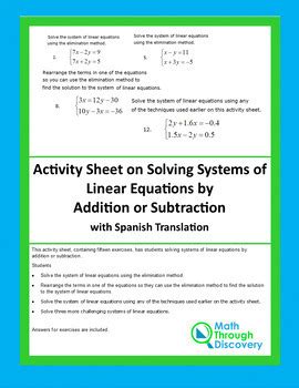Alg Solving Systems Of Linear Equations Adding Or Subtracting Activity Sheet