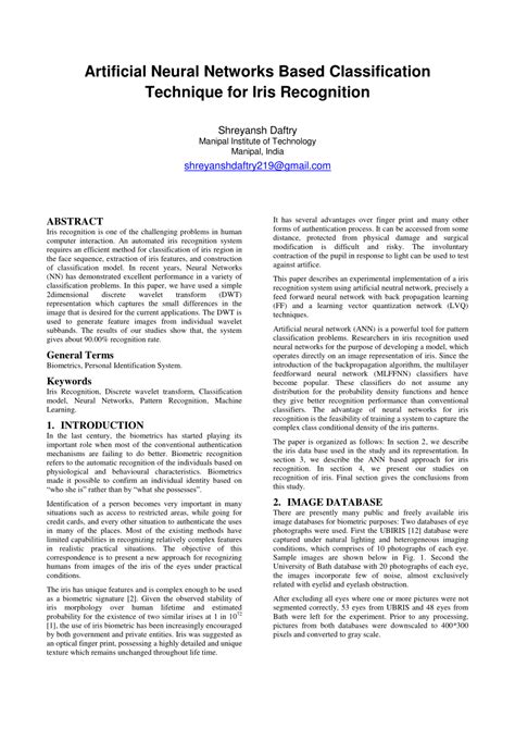 Pdf Artificial Neural Networks Based Classification Technique For Iris Recognition