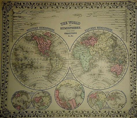 Vintage 1869 The World In Hemispheres Map Old Antique Original