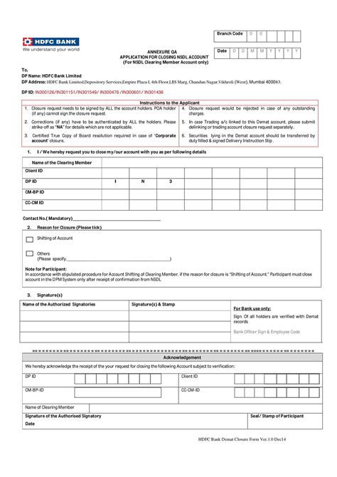 Hdfc Bank Application Form For Closing Nsdl Account Download In Pdf