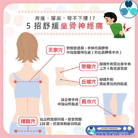 背酸、脚麻、弯不下腰 5招舒缓坐骨神经痛 坐骨神经痛是一项常见腰臀部到下肢疼痛的总称，是指下半部腰椎连结到臀部及大腿后侧的神经丛，因为压力及姿势的关系产生的不适疼痛，例如背部酸痛，直立困难