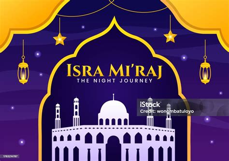 Isra Miraj 벡터 일러스트 레이 션 번역 밤의 여행 예언자 무함마드 이슬람 휴일 평면 만화 배경에 모스크와 랜턴 공휴일에