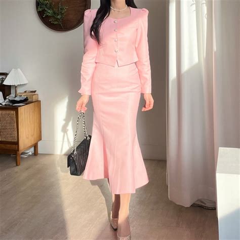엘린무드 엔젤링 트위드 스퀘어넥 페블럼 프릴 숏 진주버튼 자켓 H라인 슬림 머메이드 S라인 롱 스커트 세트 핑크 옐로우 봄 투피스 COLOR