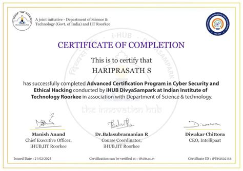 Hari Prasath S On Linkedin Excited To Announce My Certification In Cybersecurity And Ethical