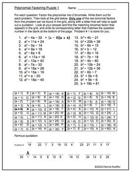 Polynomial Factoring Puzzle Factoring Polynomials Into Binomials Algebra