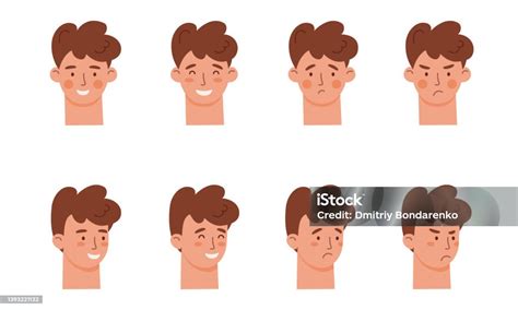 하얀 배경에 고립 된 사람들의 기쁨 혼란 놀라움 분노의 감정이있는 얼굴 세트 인쇄를위한 만화 스타일의 벡터 일러스트레이션 감정 시리즈에 대한 스톡 벡터 아트 및 기타 이미지