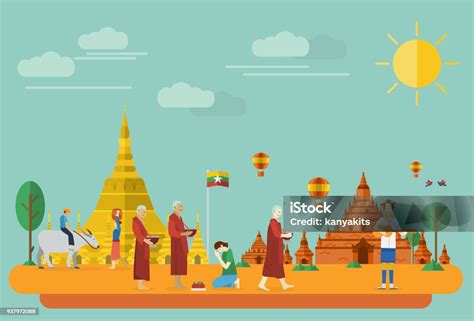 평면 디자인 일러스트 레이 션의 미얀마의 아이콘 및 랜드마크 벡터 쉐다곤 파고다에 대한 스톡 벡터 아트 및 기타 이미지 쉐다곤 파고다 경관 관광객 Istock