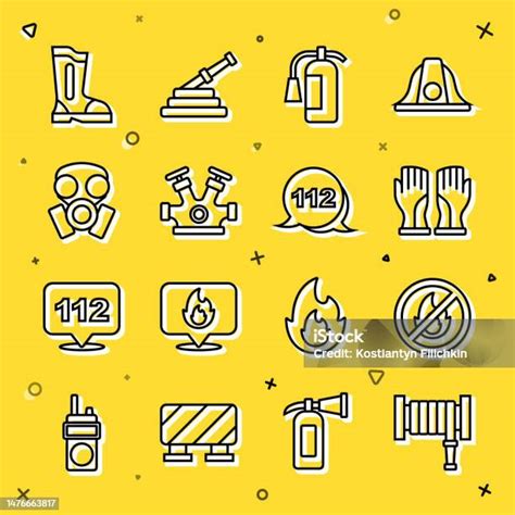 세트 라인 소방 호스 릴 화재 없음 소방관 장갑 소화기 소화전 가스 마스크 부츠 및 비상 호출 아이콘 벡터 검은색에 대한 스톡