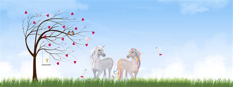 잔디 밭에 빨간 심장 잎 유니콘 애호가 커플 킹 피셔 새 귀여운 작은 요정 비행과 발렌타인 데이 또는 결혼식을위한 스윙 벡터 최소한의 인사말 카드에 서 발렌타인 트리