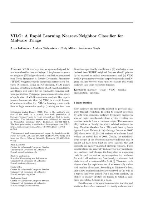 Pdf Vilo A Rapid Learning Nearest Neighbor Classifier For Malware Triage