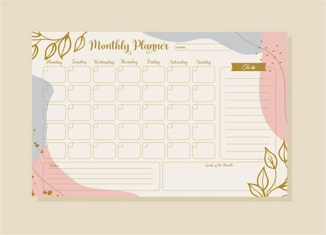 사용자 정의할 수 있는 인쇄 가능한 월간 플래너 템플릿 프리미엄 벡터