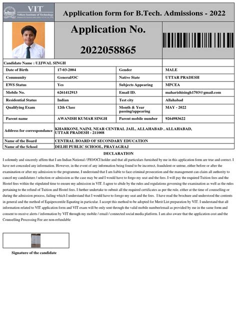 Ujjwal Application Form Vit Vellore Pdf Test Assessment