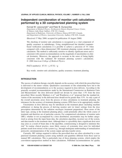 Pdf Independent Corroboration Of Monitor Unit Calculations Performed By A 3d Computerized