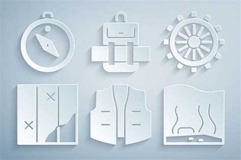 낚시 재킷 선박 스티어링 휠 접힌 지도 수족관 하이킹 배낭 및 나침반 아이콘을 설정합니다 벡터 3차원 형태에 대한 스톡 벡터 아트 및 기타 이미지 Istock