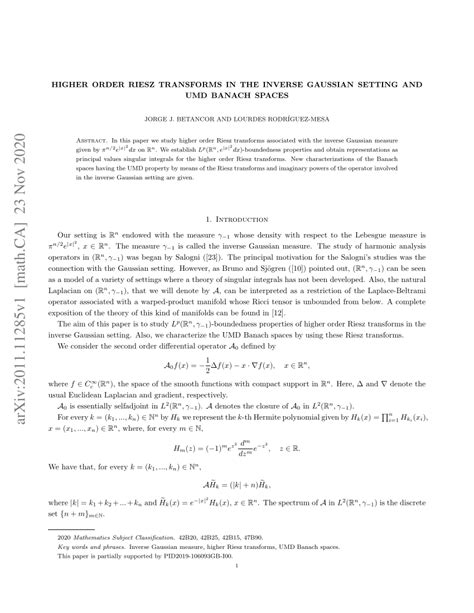 Pdf Higher Order Riesz Transforms In The Inverse Gaussian Setting And Umd Banach Spaces