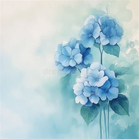 Artistic Light Blue Hydrangea Flowers With Watercolour Texture On Light