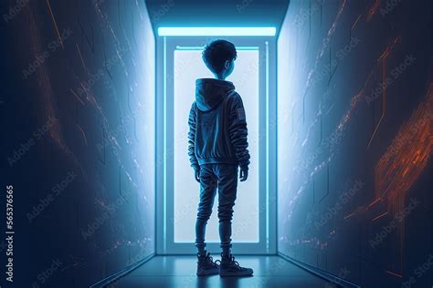 Babe Standing In Hacker Room In Front Of Holographic Artificial Intelligence Room Generative AI