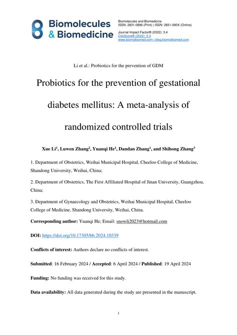 Pdf Probiotics For The Prevention Of Gestational Diabetes Mellitus A Meta Analysis Of