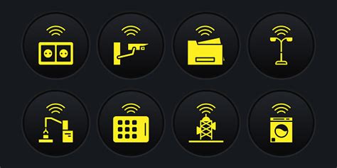 로봇 로봇 팔 손 공장 스마트 가로등 무선 태블릿 안테나 프린터 보안 카메라 세탁기 및 전기 콘센트 아이콘을 설정합니다 벡터 가로등에 대한 스톡 벡터 아트 및 기타 이미지