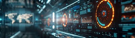 Futuristic Control Room with Digital Interfaces and Screens Displaying Global Data and Analytics ...