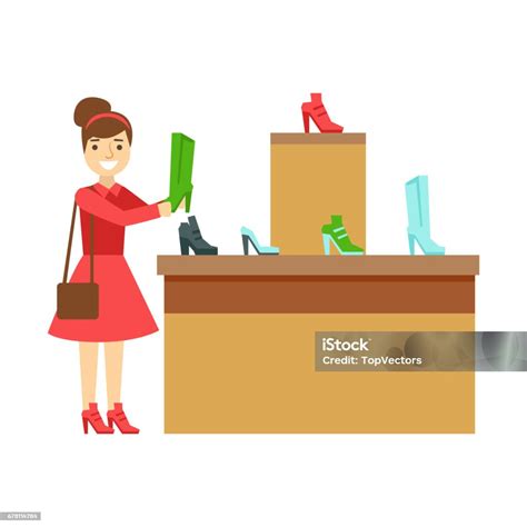 신발 가게에서 신발을 쇼핑하는 여성 다채로운 벡터 일러스트 독일에 대한 스톡 벡터 아트 및 기타 이미지 독일 벡터 사람들 Istock