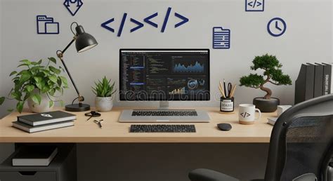 Modern Programmer S Desk Setup With Computer Laptop Plants And Coding Icons Stock