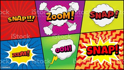 Prase 스냅 줌 오와 벡터 만화 음성 거품 만화 사운드 버블 음성 은 컬러 배경에 설정합니다 개체 그룹에 대한 스톡 벡터