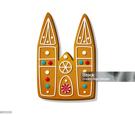 교회 형태의 진저 브레드 쿠키 집과 오두막 모양의 겨울 수제 과자 귀여운 향신료 구운 비스킷과 사탕과 장식용 장식 만화 벡터 일러스트 레이 션 가루 설탕에 대한 스톡 벡터